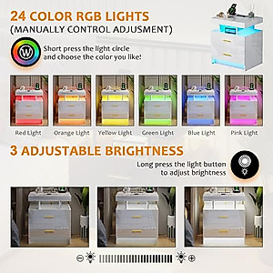 SKKTKT LED Nightstand with Charging Station, Modern White Bedside Table with Body Sensor Light, Night Stand with 2 Storage Drawers & 24 Color Changing, High Gloss End Table Bed Side Table for Bedroom
