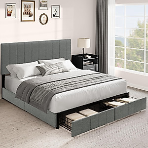 YITAHOME Queen Bed Frame, Grey Upholstered Bed Frame with Headboard, Platform Bed with 2 Storage Drawers, Sturdy Wood Slat Support, No Box Springs Required