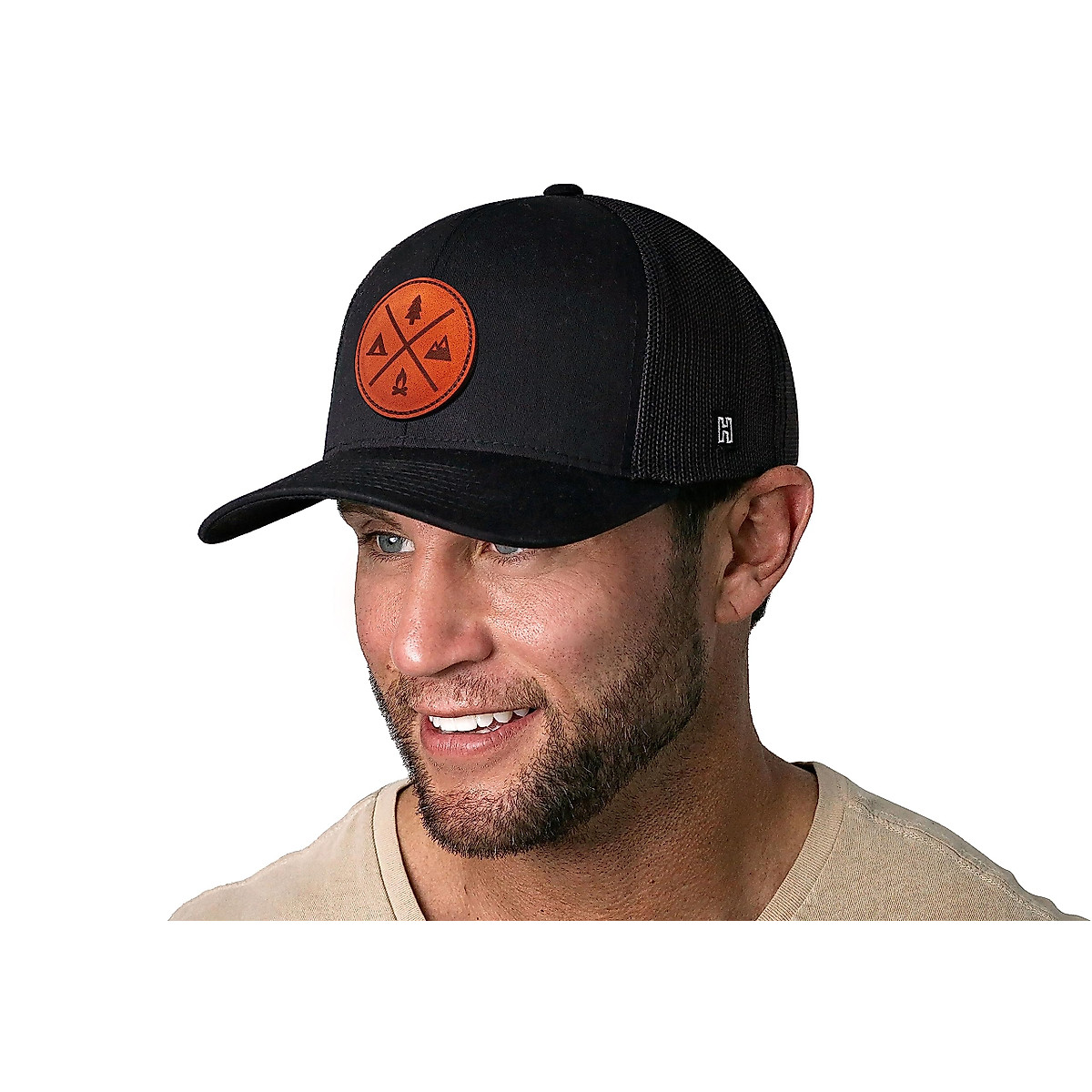 HAKA Outdoor Hat – Leather Camping Trucker Hat for Men & Women, Adjustable Baseball Cap, Mesh Snapback, Golf Hat - Black