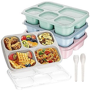 Bento Lunch Box, Bento Box, Reusable Lunch Box Kids with 5 Compartments Meal Prep Containers for Kids and Adults, Lunch Snack Containers with Utensils & Transparent Lids for School, 4 Pack (Wheat)