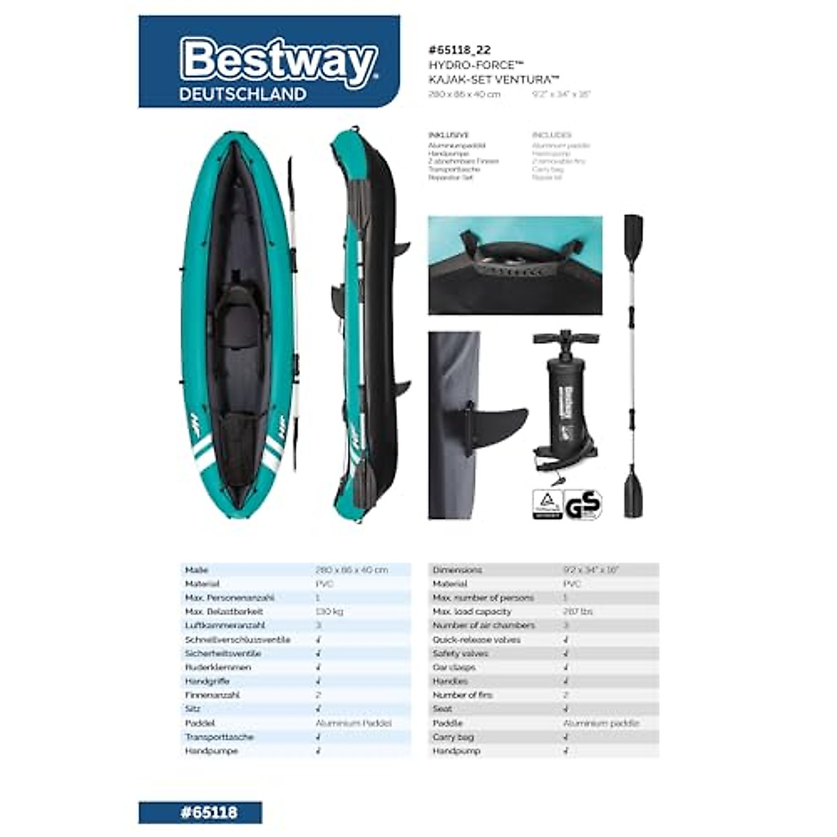 Bestway Hydroforce Ventura Kayak 1 Person Set, Inflatable Boat Set with Hand Pump, Paddle and Storage Bag, Multiple Styles, Light Blue
