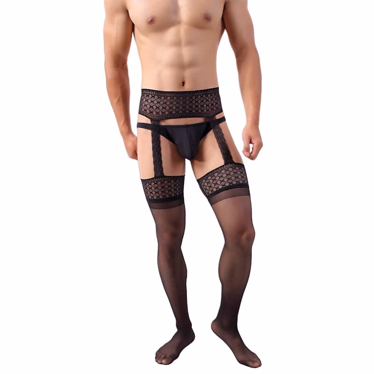 Mens Lingerie Suspender Pantyhose Lace Top Garter Belt Thigh Stocking Black One Size