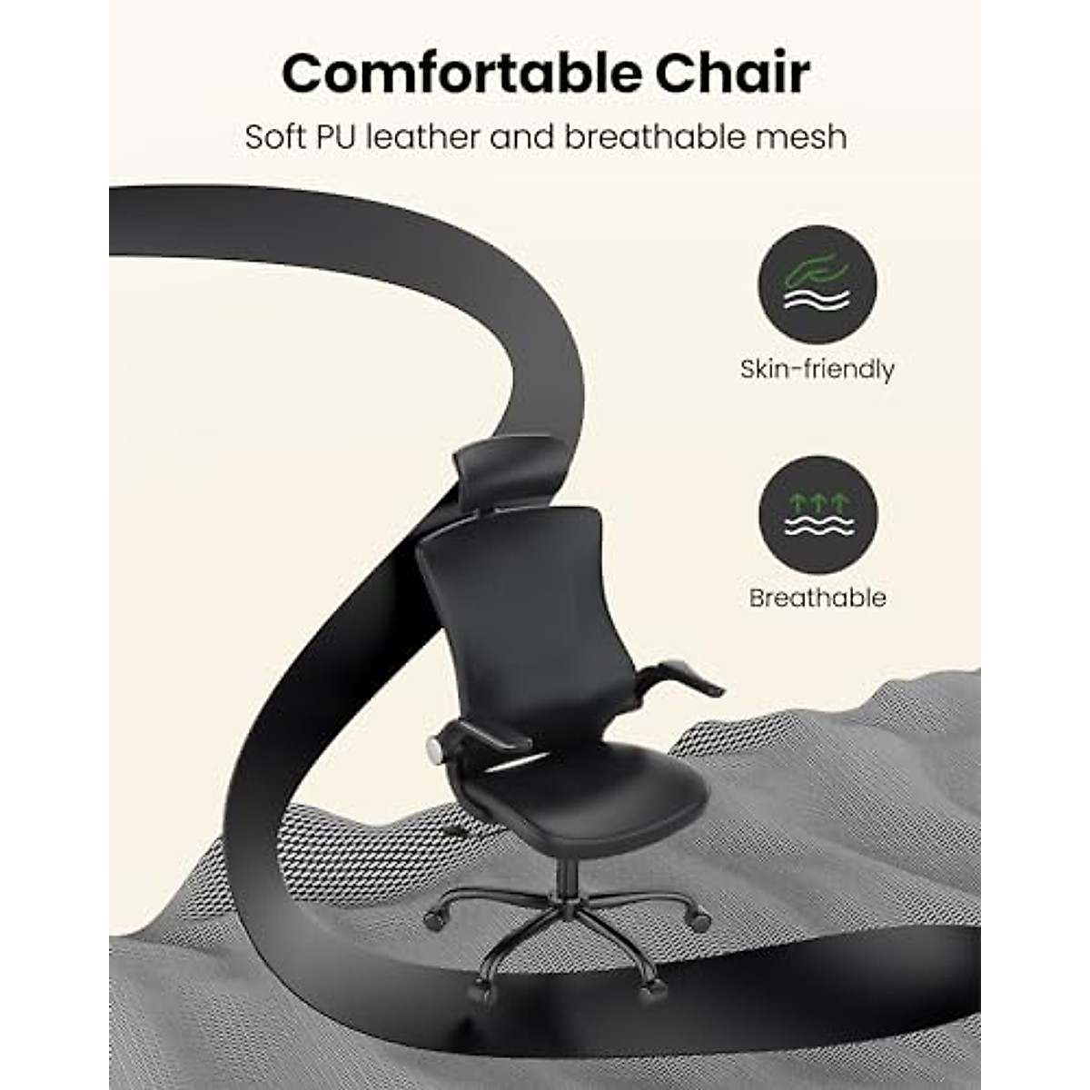 Totnz Ergonomic Office Chair with Mesh Back and Leather Cushion,Lumbar Support Computer Chair with Flip-up Arms and Adjustable Height,Home Office Desk Chairs(Black)