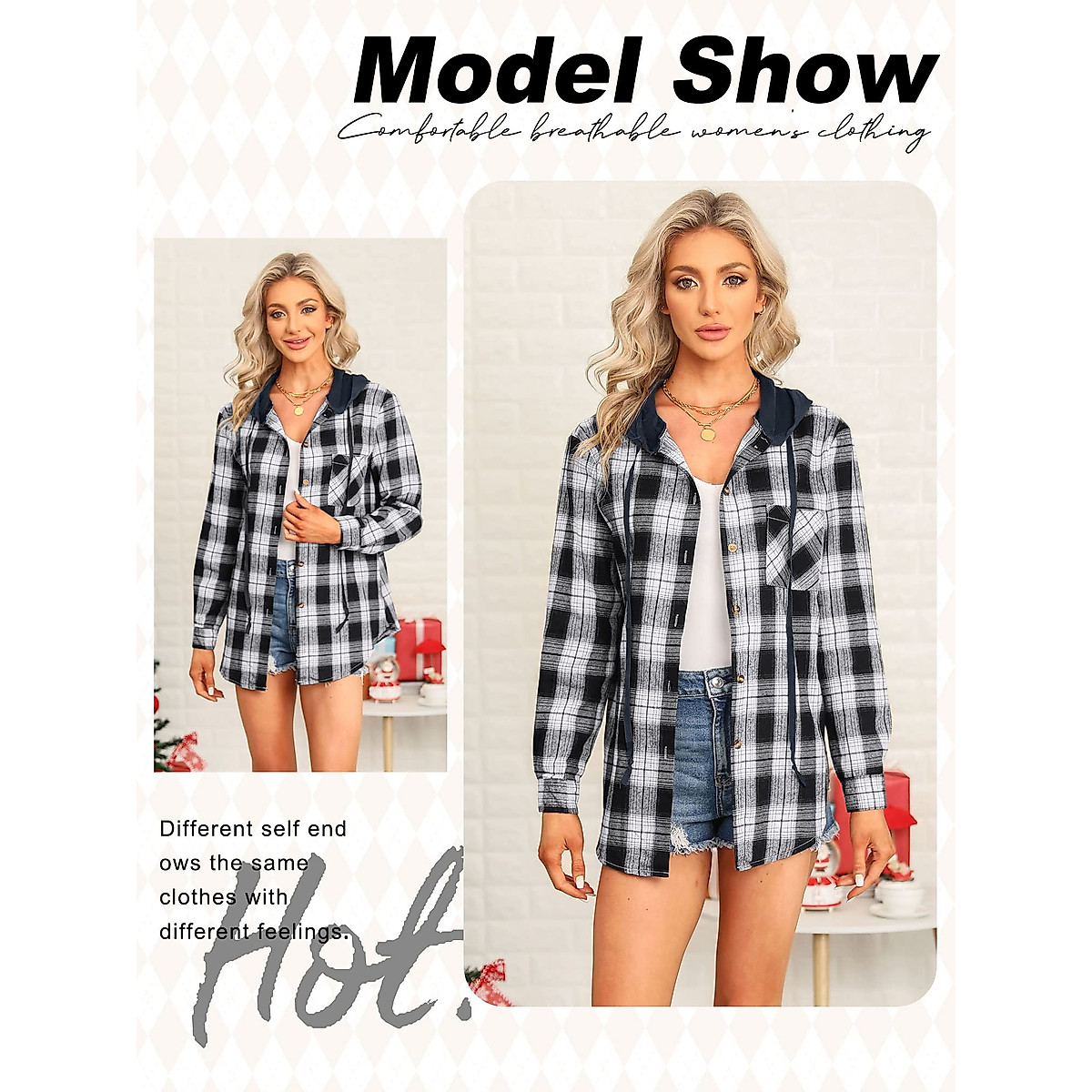 Ezcosplay Women Shacket Flannel Plaid Tops Long Sleeve Plaid Blouse Hood Button Down Casual Shirt Coat