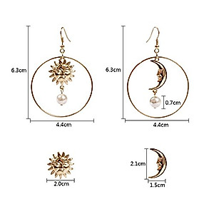 Sun Moon Asymmetric Imitation Pearl Earrings for Women Gold Annulus Pendant Earrings Drop Earrings (Gold)