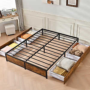 HCZCZX Queen Size Metal Bed Frame with Storage Drawers, no Box Spring Required, Easy to Assemble and noiseless (Queen)