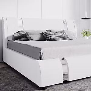 SHA CERLIN Queen Platform Bed Frame with Iron Pieces Decor and Adjustable Headboard/Deluxe Upholstered Modern Bed with Solid Wooden Slats Support/No Box Spring Needed, White
