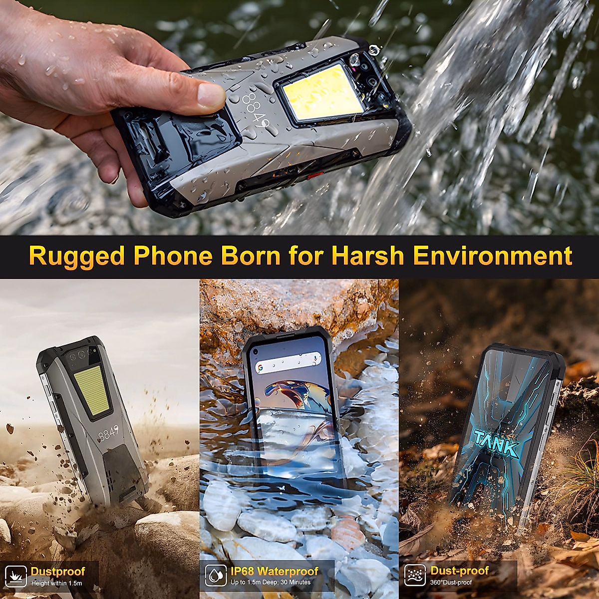 8849 Tank Rugged Smartphone, 22000mAh(66W) 22GB+256GB 4G Android Phone Unlocked with 1200LM Camping Light, IP68 Waterproof 6.81" Android 12 Rugged Cell Phone, 108MP Camera, Single Speaker/NFC/OTG