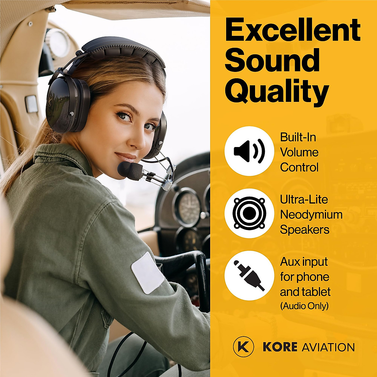 KORE Aviation P1 General Aviation Headset for Pilots | Mono, 24 db Passive Noise Reduction Rating, Noise Canceling Microphone, Acoustic Foam Ear Cups, AUX Port for MP3 Music Input with GA Dual Plugs