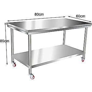 Commercial Kitchen Work Catering Table, Stainless Steel Work Table Commercial Kitchen Work Table Heavy Duty Prep Worktable with 4 Casters (Wheels) for Restaurant, Home (Size : 80X60X85CM)