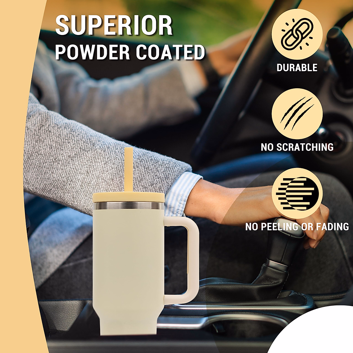 C&Y Company Tumbler With Straw and Handle 40oz, 40oz Tumbler With Silicone Straw, Leakproof Lid, Spill Proof Lid, Insulation Double Wall Stainless Steel Tumbler With Handle (Cream Lemon)