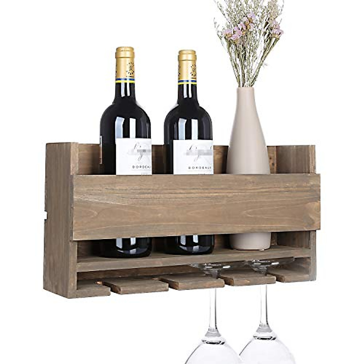 Kakivan Rustic Wall Mounted Wine Rack for 4 Red Wine Glasses Storage, Wooden Wine Bottle Holder for Farmhouse Kitchen Decor, Floating Wine Shelf Organizer for Living Room Display.