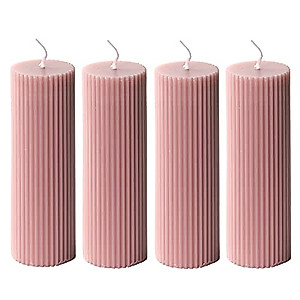Ribbed Pillar Candles 2x6'' Fluted Column Modern Home Décor Soy Wax Handmade (4 Packs, Pink Taupe)