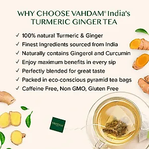 VAHDAM, Organic Turmeric Ginger Herbal Tea (100 Pyramid Tea Bags) Caffeine Free, Superfood w/USDA Organic Turmeric & Ginger | Herbal Tea Bags, Packed in Resealable Ziplock Pouch