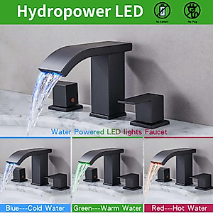 Skybathjoy LED Bathroom Faucet 3 Hole, Black Waterfall Bathroom Faucets, 8 Inch Widespread Modern Bathroom Sink Faucet & Parts, Wide Spread Touch On Three Hole 2 Handle Bathroom Vanity Faucet