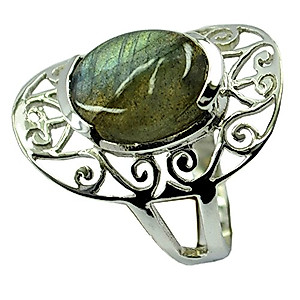 CaratYogi Handcrafted Genuine Labradorite Sterling Silver Statement Ring Oval Shape Deisgn Size 8