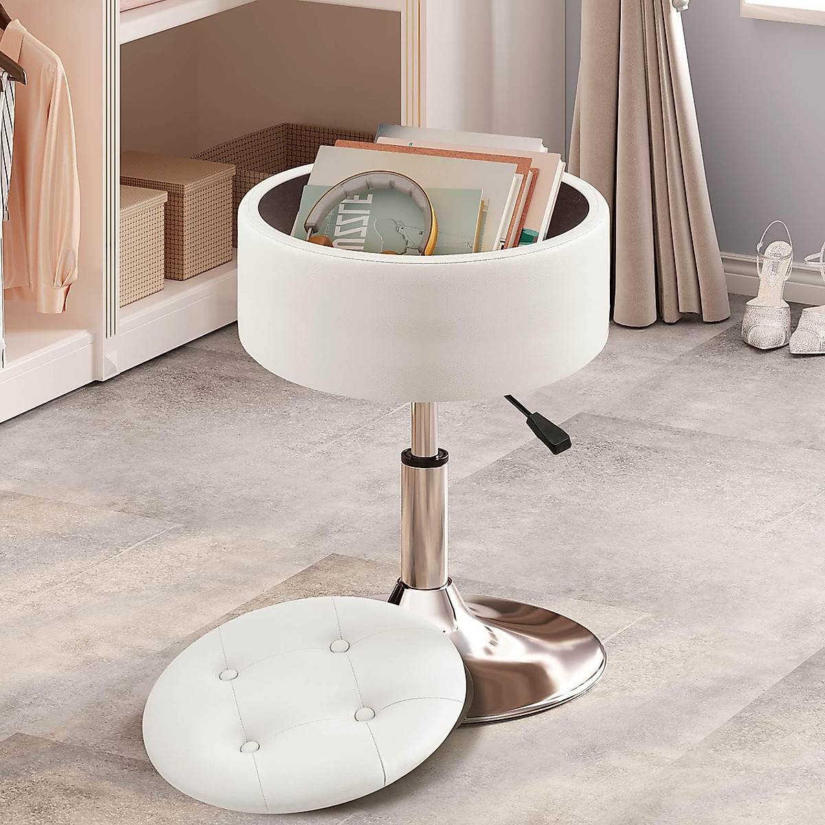 GREENSTELL Vanity Stool with Storage, 19" to 23" Height Adjustable PU Leather Vanity Chair, 360° Swivel Makeup Stool with Removeable Tray, Modern Ottoman for Bedroom Bathroom, White