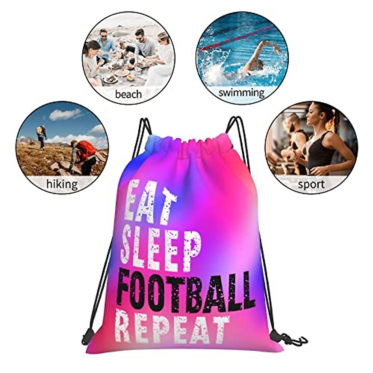 ISTYTOP Eat Sleep Football Repeat Drawstrings Bags Backpack Pink Waterproof Light Durable Gym Sports Yoga Beach Sackpack Party Favor Bags