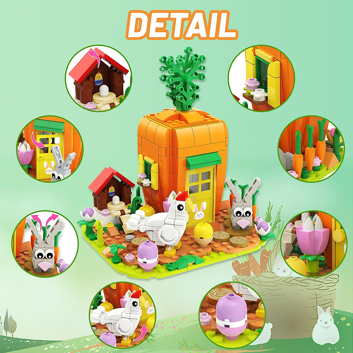 Bestbase Easter Bunny Carrot House Building Blocks Kit - 394 Pcs Easter Toys Easter Eggs Toy Building Sets, Easter Gifts for Kids Easter Basket Stuffers Easter Egg Fillers for Boys/Girls Age 6+