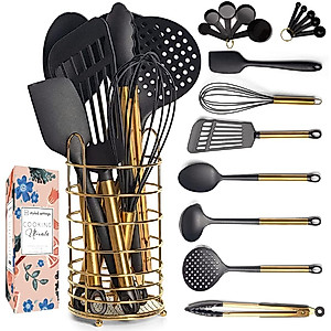 Black and Gold Kitchen Utensils with Stainless Steel Gold Utensil Holder -18 PC Black and Gold Cooking Utensils Set Includes Black and Gold Measuring Cups and Spoons Set- Gold Kitchen Accessories