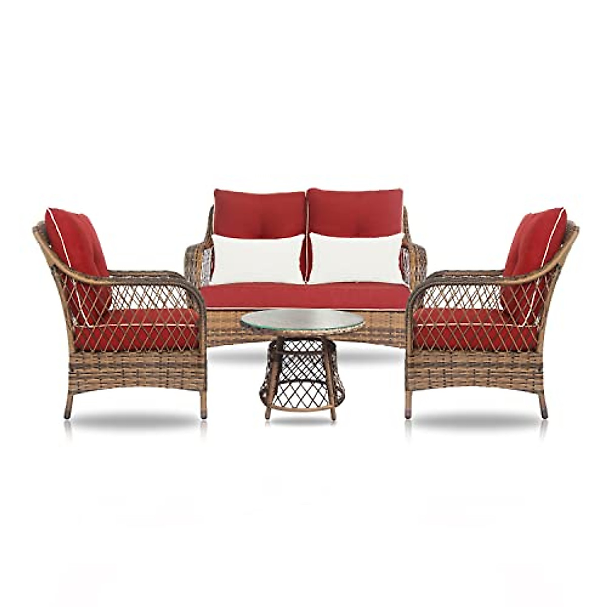 N&V Wicker Patio Furniture Rattan Conversation Chairs Loveseat with Table Cushions for Garden Backyard (Red 4 PCS)