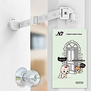 Neobay Child Proof Door Lock with Adjustable Door Strap and Latch. No Need for Interior Cat Door. Keep Toddler Out of Room with Litter Box While Let Cat in Easily.