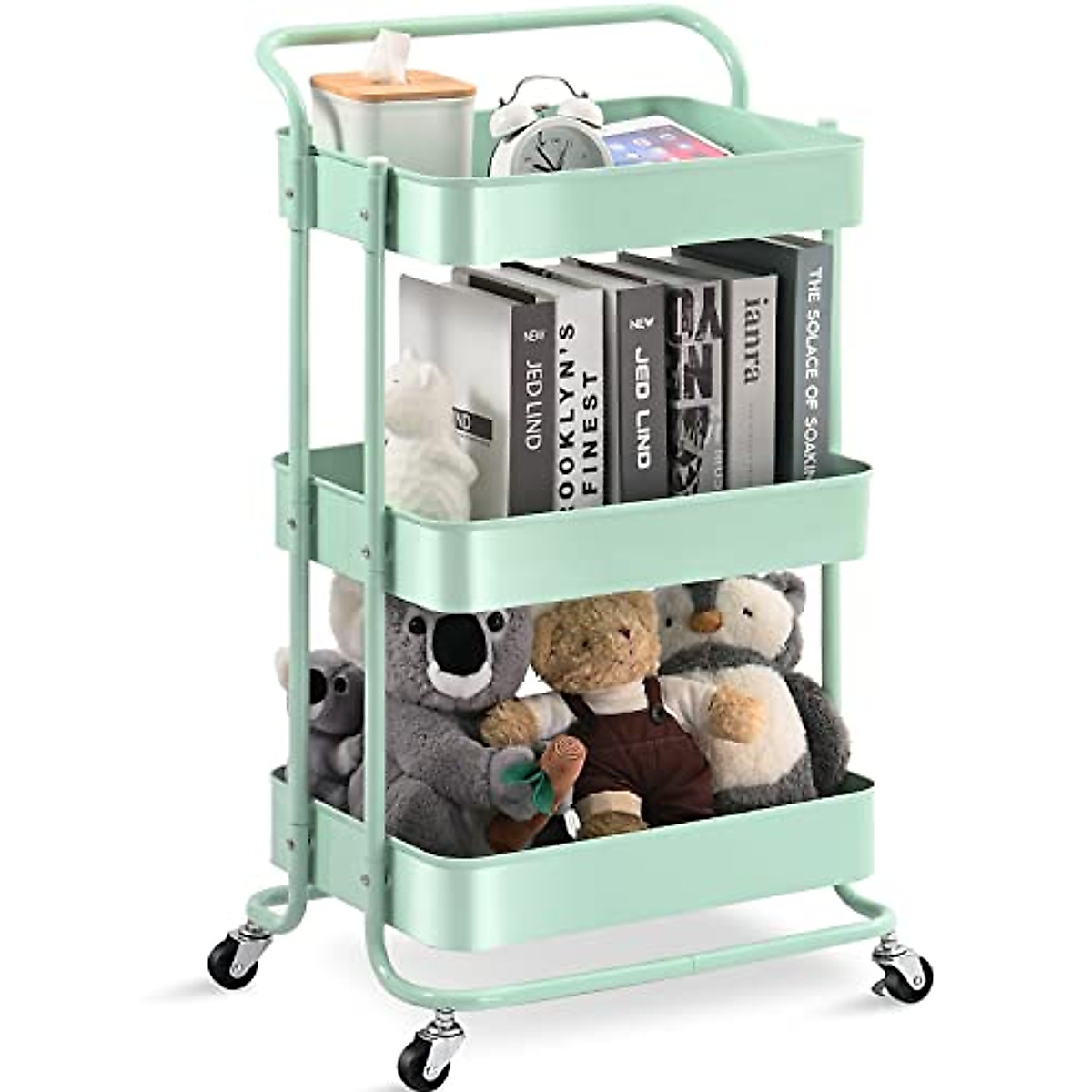 TOOLF 3 Tier Metal Rolling Cart, Utility Cart with Handle, Multifunction Storage Cart with Lockable Wheels, Serving Organizer Trolley with Mesh Basket for Kitchen, Bathroom, Office
