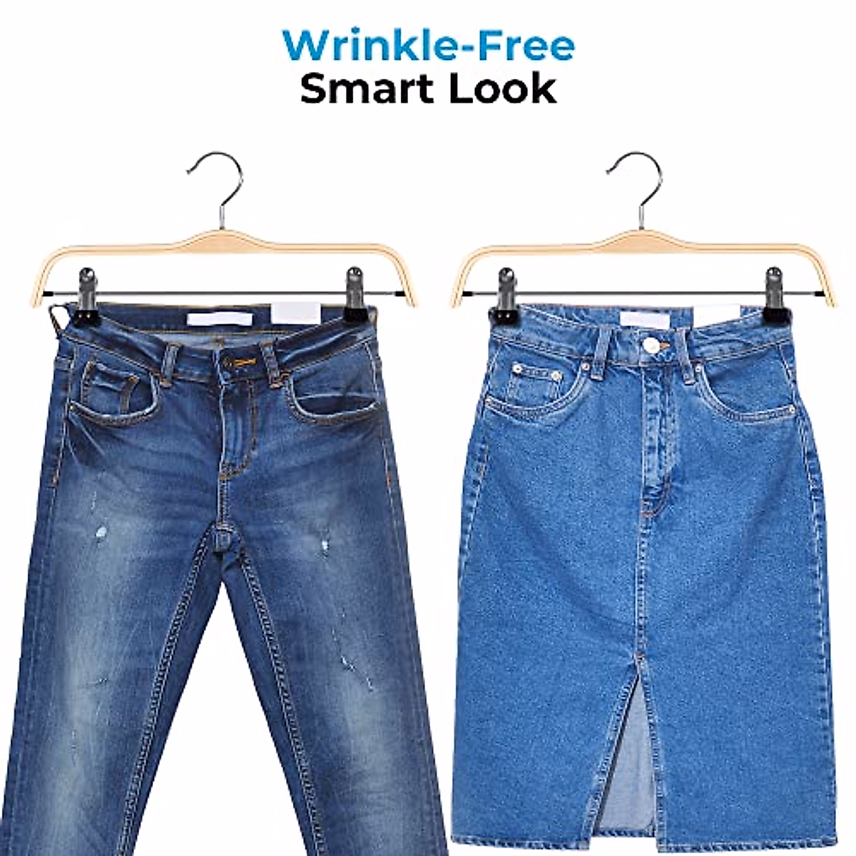 J.S. Hanger Natural Finish Wooden Pant Hangers with Anti-rust Hook and 2-Adjustable Clips, 5-Pack