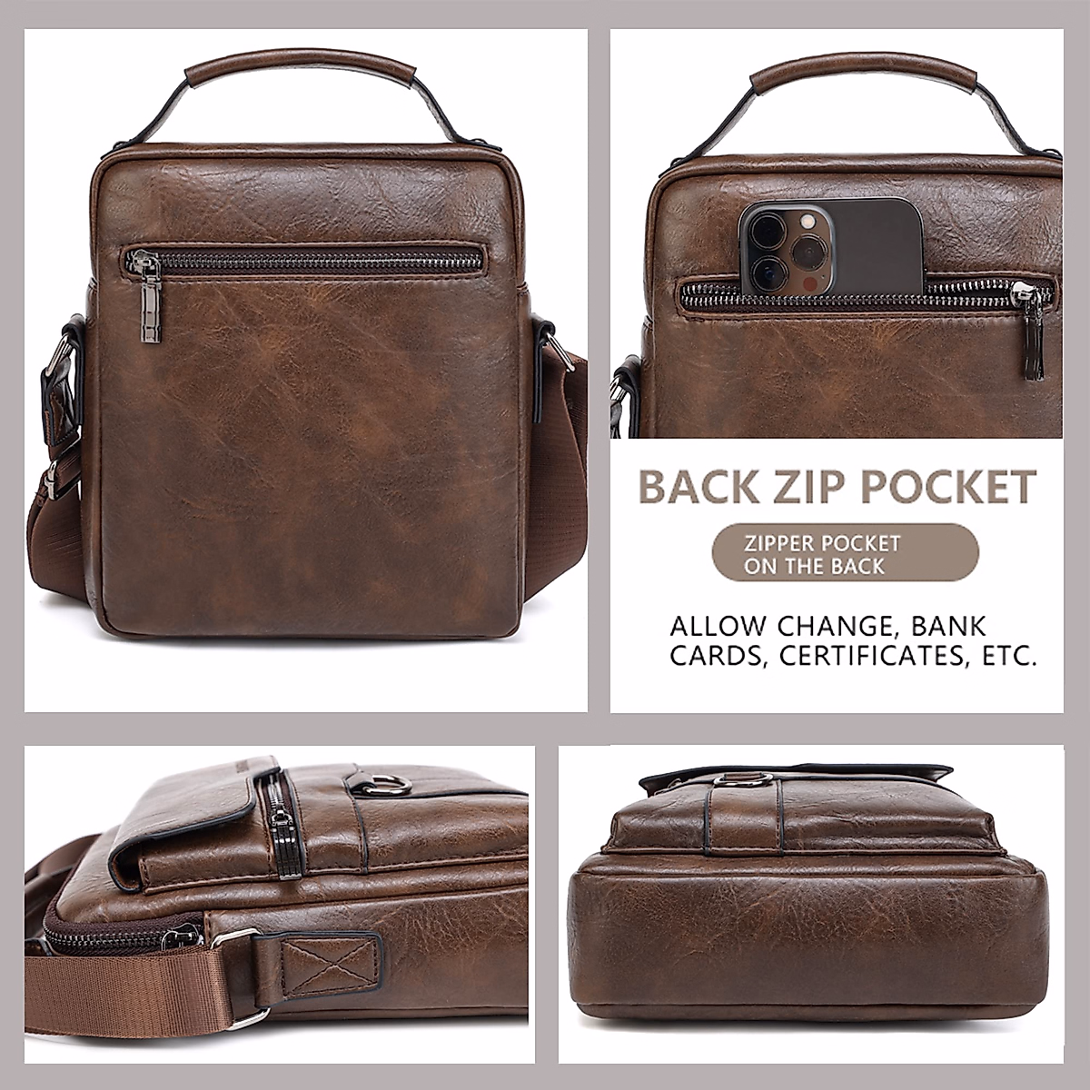 HANGMAI Leather Crossbody Bag for Men Small Messenger Bag Side Shoulder Purse Man Travel Handbag for Office Business Dark Brown