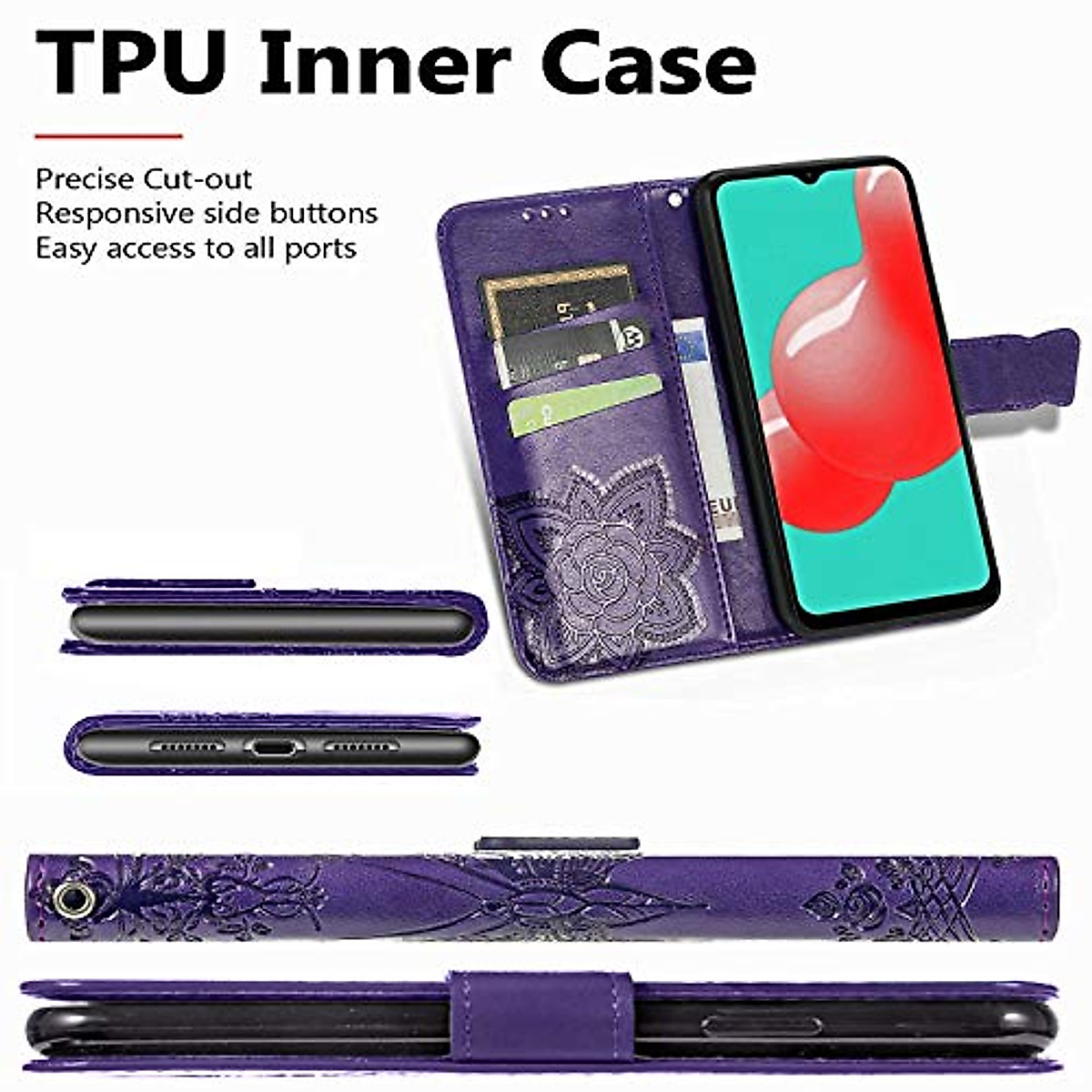 PU Leather Wallet Flip Protective Phone Case with Wrist Strap Card Slots Holder Pocket Emboss Butterfly Flower Stand Case for Samsung Galaxy A32 5G Purple