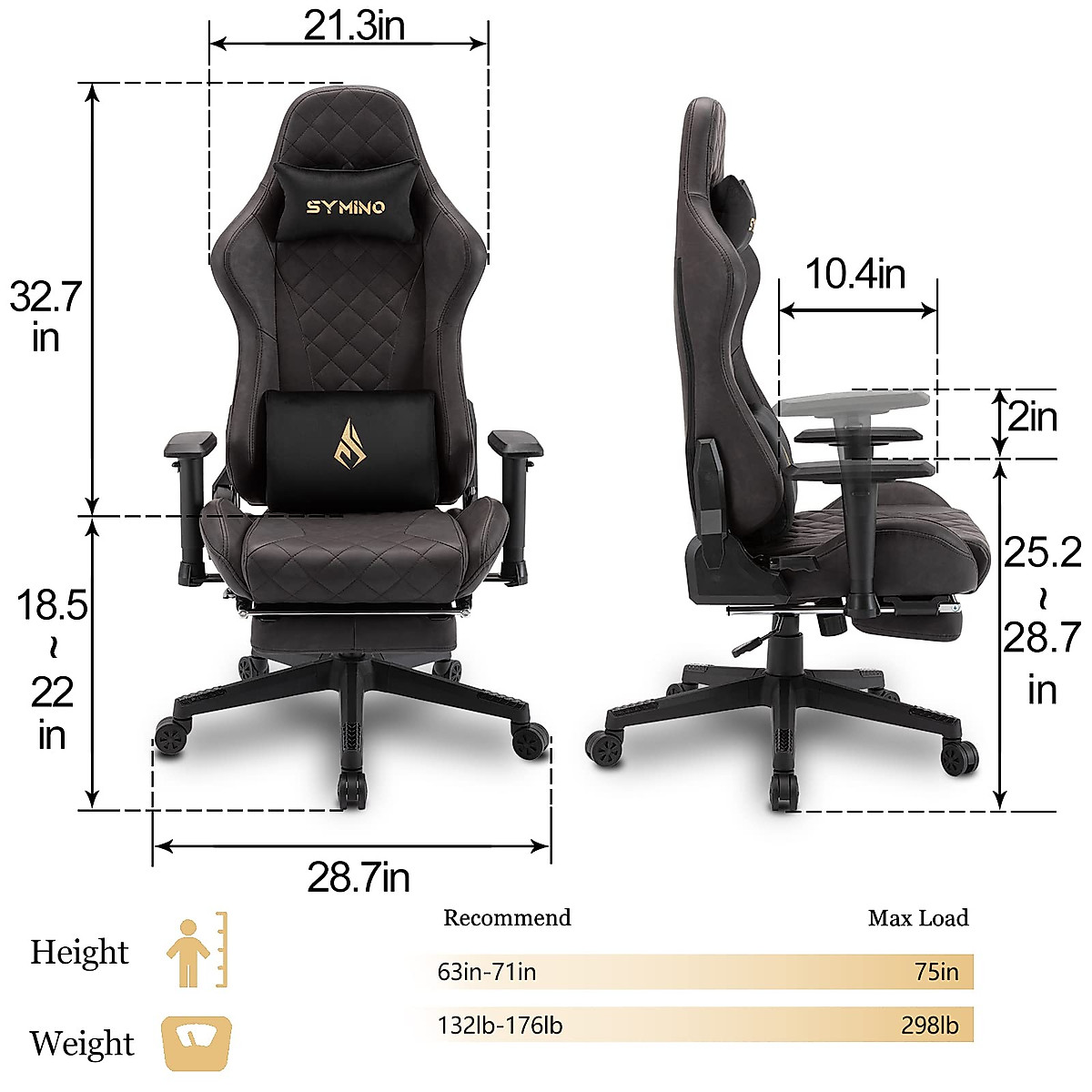 symino Gaming Chair Ergonomic Office Chair Racing Style Computer Chair with 3D Armrest, Vintage Style PU Leather PC Chair with Footrest (Brown)