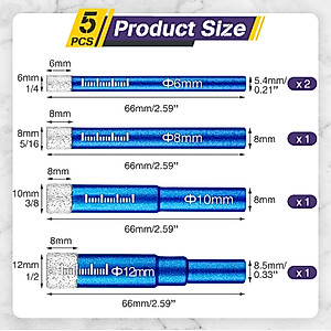 5 Pcs Dry Diamond Drill Bits Set, Glass Ceramic Marble Tile Drill Bits, Not for Wood, 1/4, 5/16, 3/8, 1/2 Inch Round Shank