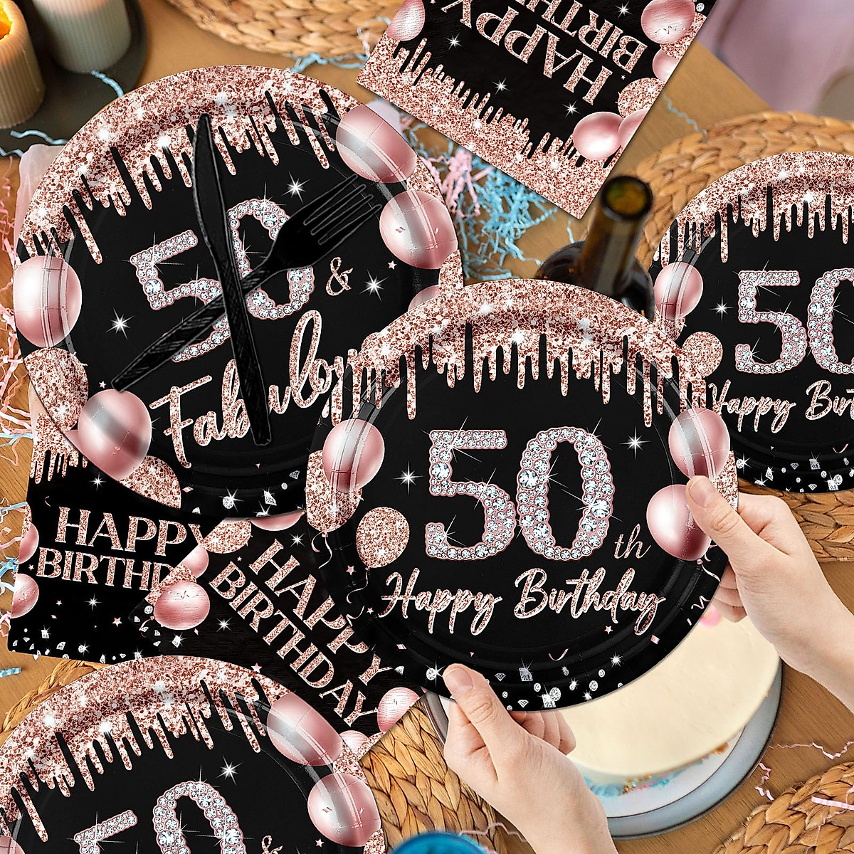 142Pcs 50th Birthday Tableware Decorations,Black Rose Gold Tableware Set 50th Birthday Plates and Napkins Cup Rose Gold Tablecloth Happy Birthday Banner for Women Birthday Disposable Supplies Serve 20