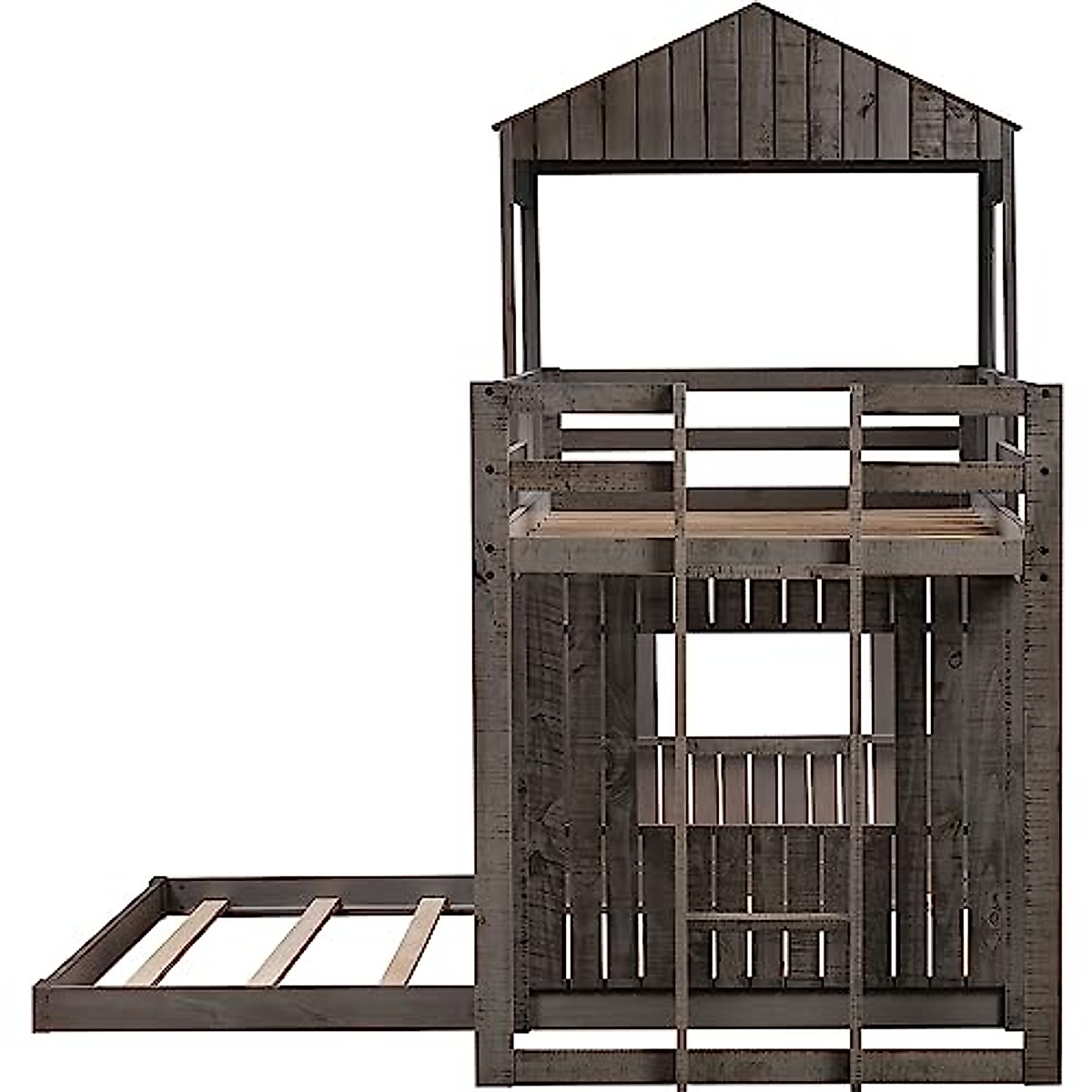 GJHOME Twin Over Full House Bunk Bed with Ladder, Window and Guardrails, Wooden Low Loftbed with Playhouse, Farmhouse, for Kids Teesn Boys Girls Bedroom, Antique Gray