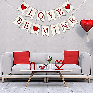 Whaline Valentine's Day Burlap Banner Felt LOVE BE MINE Heart Banner Pre-Assembled White Red Valentine Bunting Garland Celebration Hanging Decorations for Valentine Party Supplies Home Decoration