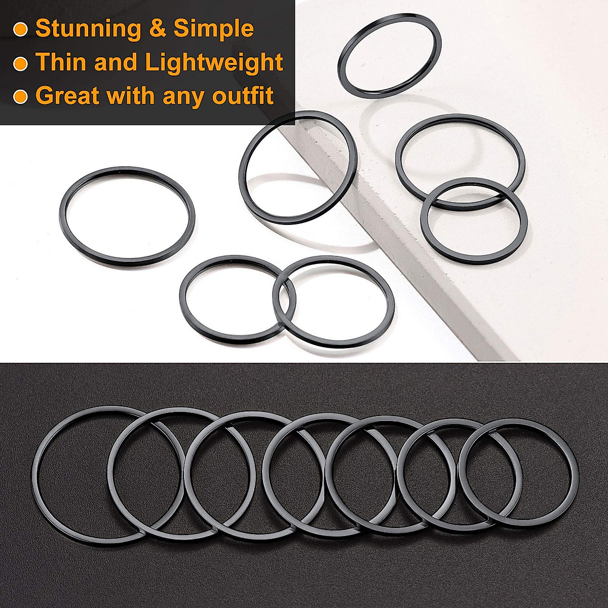 Knuckle Stacking Midi Rings Set Stainless Steel 7Pcs Simple Band Thumb Ring Black