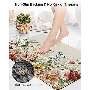 Retro Flowers Bath Mat for Tub,Non Slip Bathroom Floor Runner Rug Quick Dry & Absorbent Diatomaceous Earth Kitchen Shower Sink Washable Doormat,Rustic Fall Winter Rose Florals Spring Plant 20"x32"