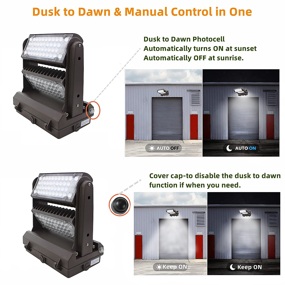 Rotatable LED Wall Pack Light with Dusk to Dawn Photocell, 150W 19500LM 800-1000W HPS/HID Equiv., 5000K Daylight ETL Commercial Outdoor Security Lighting for warehouse, Entrance, Parking, Garage