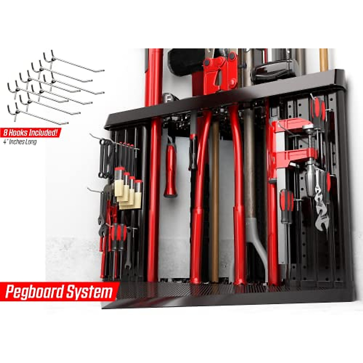 PeerBasics Corner Tool Rack, Garage Storage Organization, Up to 40 Tools like Shovels Brooms Rakes Mops Hammers Pruners, Organize Garden Yard Plus Pegboard, Wall Mounting, Peg Hooks Hardware Included