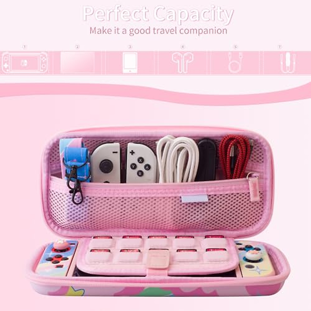 FUNDIARY Pink Carrying Case for Nintendo Switch with Kirby Design, Cute Shockproof Accessories for Switch Console Joycon with Travel Bag, TPU Skin Case, Screen Protector, Shoulder Strap & 2 Thumb Caps