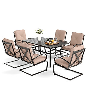 MFSTUDIO 7 Piece Outdoor Patio Dining Set 6 Spring Motion Cushion Chairs, 1 Rectangular Table with 1.57" Umbrella Hole Furniture Sets for Lawn Backyard Garden