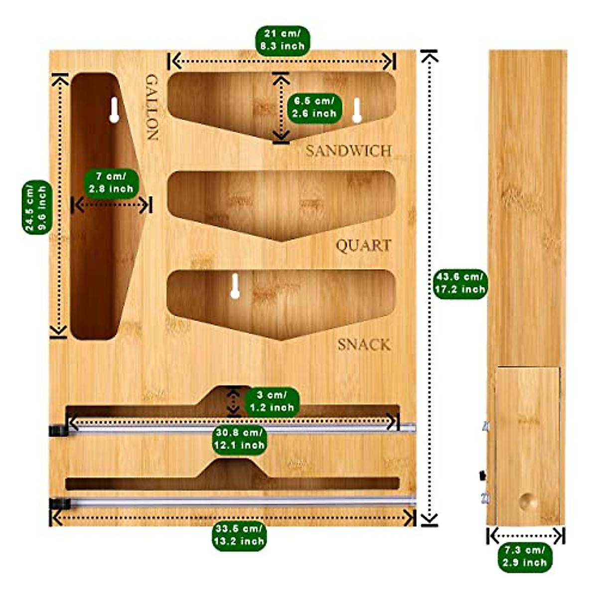 THE AJ STORE Storage Bag Organizer: 6-in-1 Bamboo Slider Bag Dispenser for Kitchen Drawer with Aluminum Foil and Wrap Cutter, Compatible with Ziploc Hefty Glad Solimo - Gallon Quart Sandwich Snack
