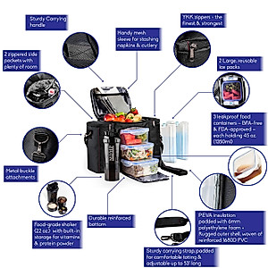Meal Prep Lunch Bag / Box For Men, Women + 3 Large Food Containers (45 Oz.) + 2 Big Reusable Ice Packs + Shoulder Strap + Shaker With Storage. Insulated Lunchbox Cooler Portion Control Set (Black)