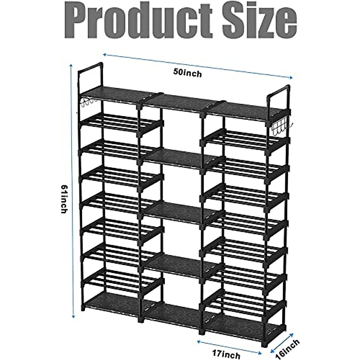 YDTREILS 9 Tier Shoe Rack Organizer, Large Shoe Shelf Holds 46-50 Pairs Shoe and Boots with Versatile Hooks Shoe Stand for Entryway Closet and Hallway
