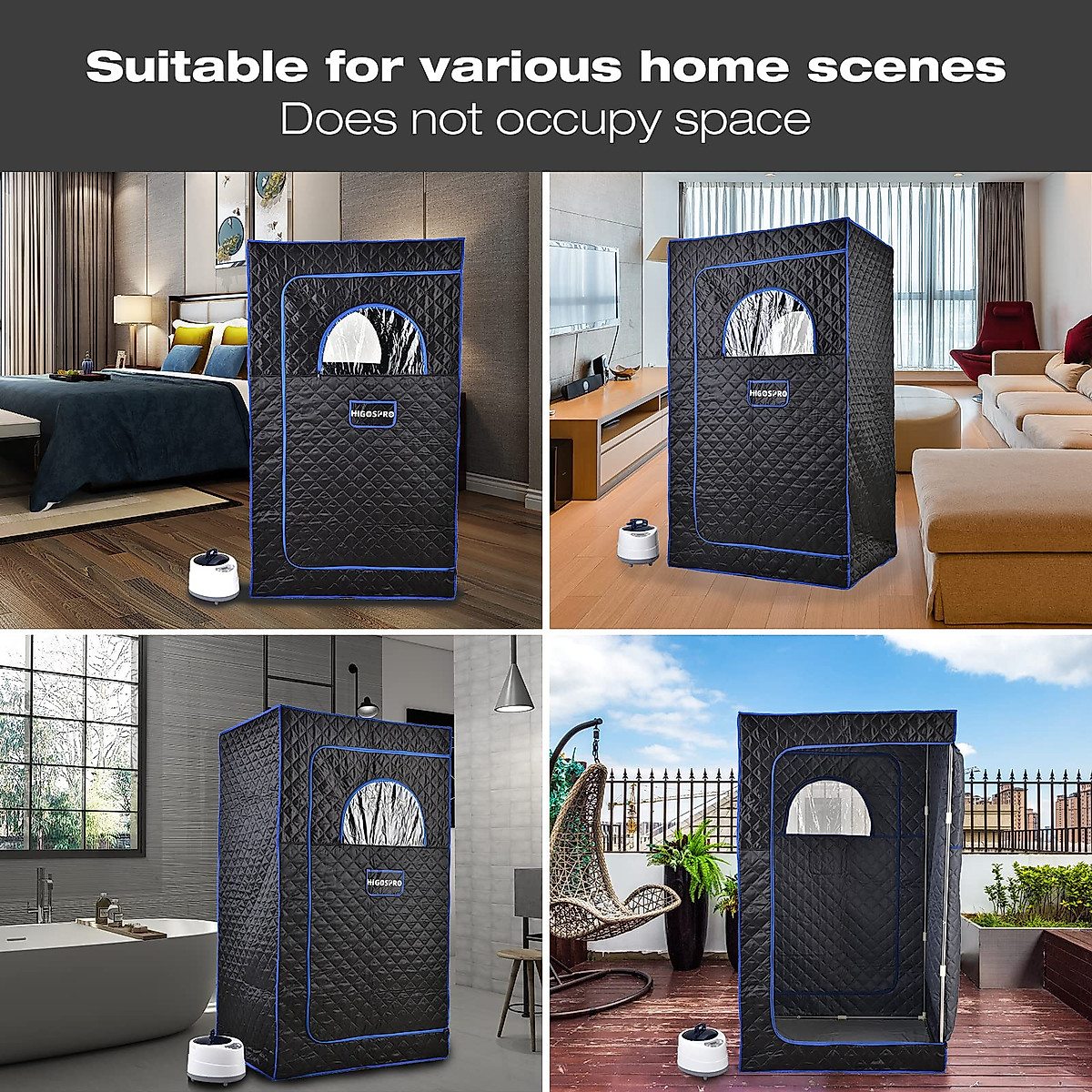 HIGOSPRO Portable Full Size Steam Sauna, Lightweight Steam Saunas for Home Spa, FCC Certified 2.6L & 1000W Steam Generator, 90 Minute Timer, Indoor Steam Sauna Tent with Remote Control, Black