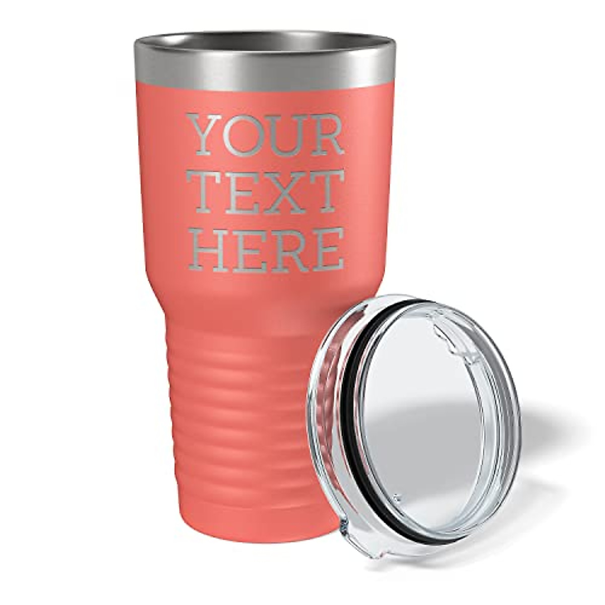 Personalized 30oz (17 Colors) Powder Coated Insulated Stainless Steel Tumbler with Lid, Custom Etched, Customized Text Message Name, Engraved Gift Idea Women Men Him Her, Your Text Here (Coral)