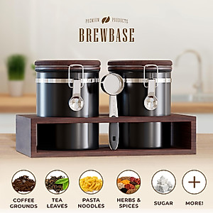 BrewBase - Premium Coffee Storage Containers with Airtight Oak-Wood Lids & Shelf + Scoop, 304 Stainless Coffee Bean Storage Organizer for Kitchen - Coffee Container for Ground Coffee Sugar & More