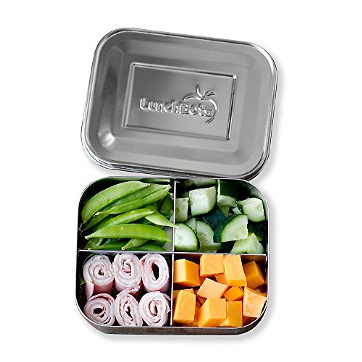 LunchBots Medium Quad Snack Container - Divided Stainless Steel Food Container - Four Sections for Finger Foods On the Go - Eco-Friendly, Dishwasher Safe - Stainless Lid - Stainless Steel