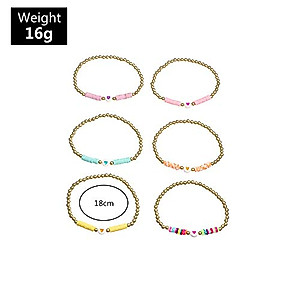 COLORFUL BLING 6Pcs/Pack Gold Beaded Bracelet Rainbow Vinyl Disc Ball Srting Stretch Heart Shaped Bracelets Cuff Bangle Set for Women Jewelry-6pcs