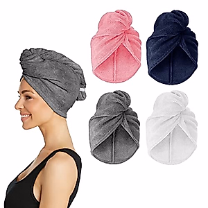 Turbie Twist Microfiber Hair Towel Wrap for Women and Men | 4 Pack | Bathroom Essential Accessories | Quick Dry Hair Turban for Drying Curly, Long & Thick Hair (Pink, Blue, Grey, White)
